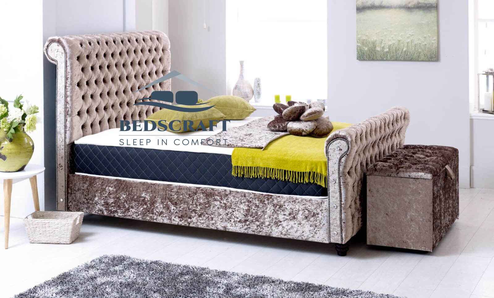 Barker Chesterfield Bed | Modern Sleigh Bed in Luxury Velvet